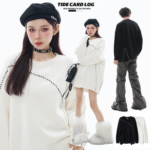 TIDE CARD LOG|美式小众破洞撞色线条圆领套头休闲宽松针织毛衣潮-阿里巴巴