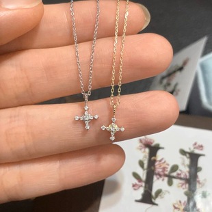 日韩S925纯银镀14K金迷你十字架满钻项链女微镶吊坠小众锁骨链-阿里巴巴