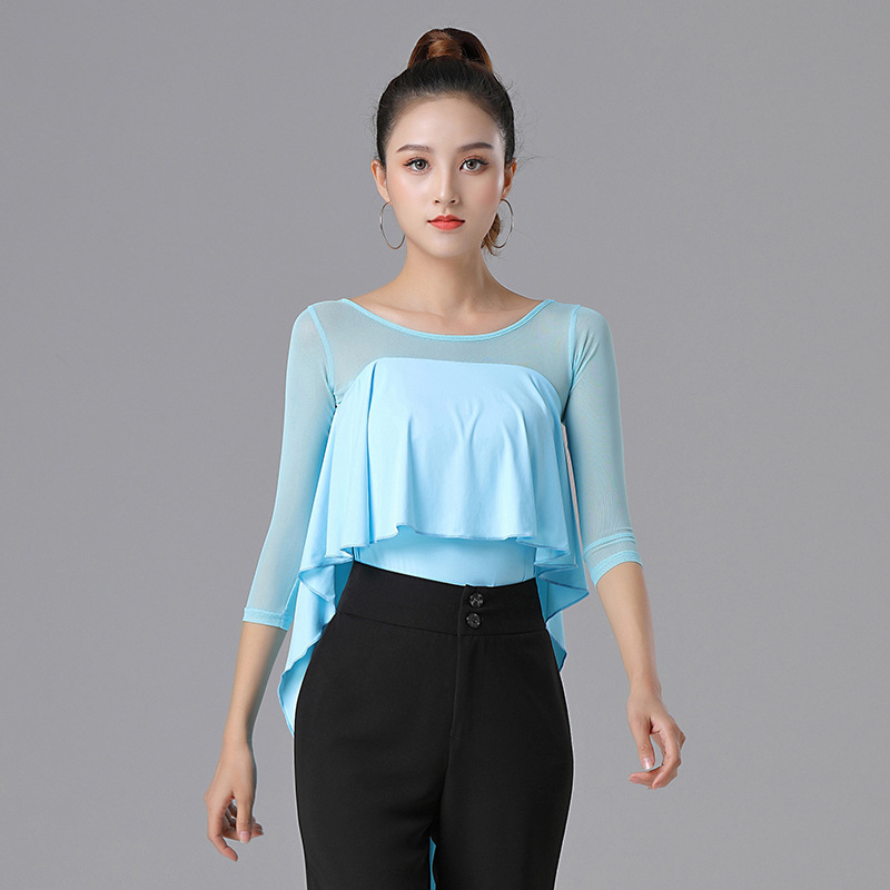 Light blue black ballroom latin dance tops for women modern tuxedo long ...