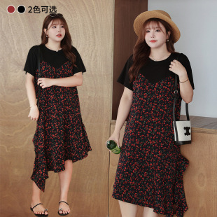 润其N8743碎花拼接假两件不规则连衣裙批发 大码胖mm短袖连衣裙-阿里巴巴