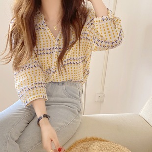 碎花雪纺衬衫女夏韩系小清新复古百搭宽松薄款很仙的别致印花上衣-阿里巴巴