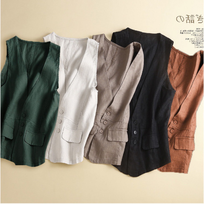5 Color Cotton and Linen Vest Sleeveless Top New V-Neck Casual ...