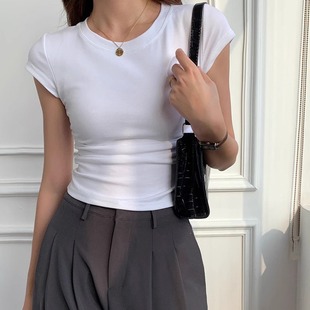 2024新款女内搭正肩T恤女短袖夏季收腰修身短款上衣外贸批发ins-阿里巴巴