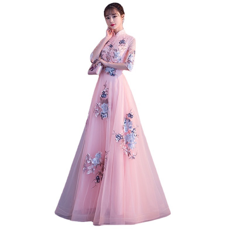 Temperament pink wine silver party dress qipao elegant atmosphere ...