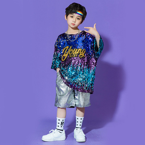Children singer rapper blue sequined sparkle hip hop street jazz dance ...