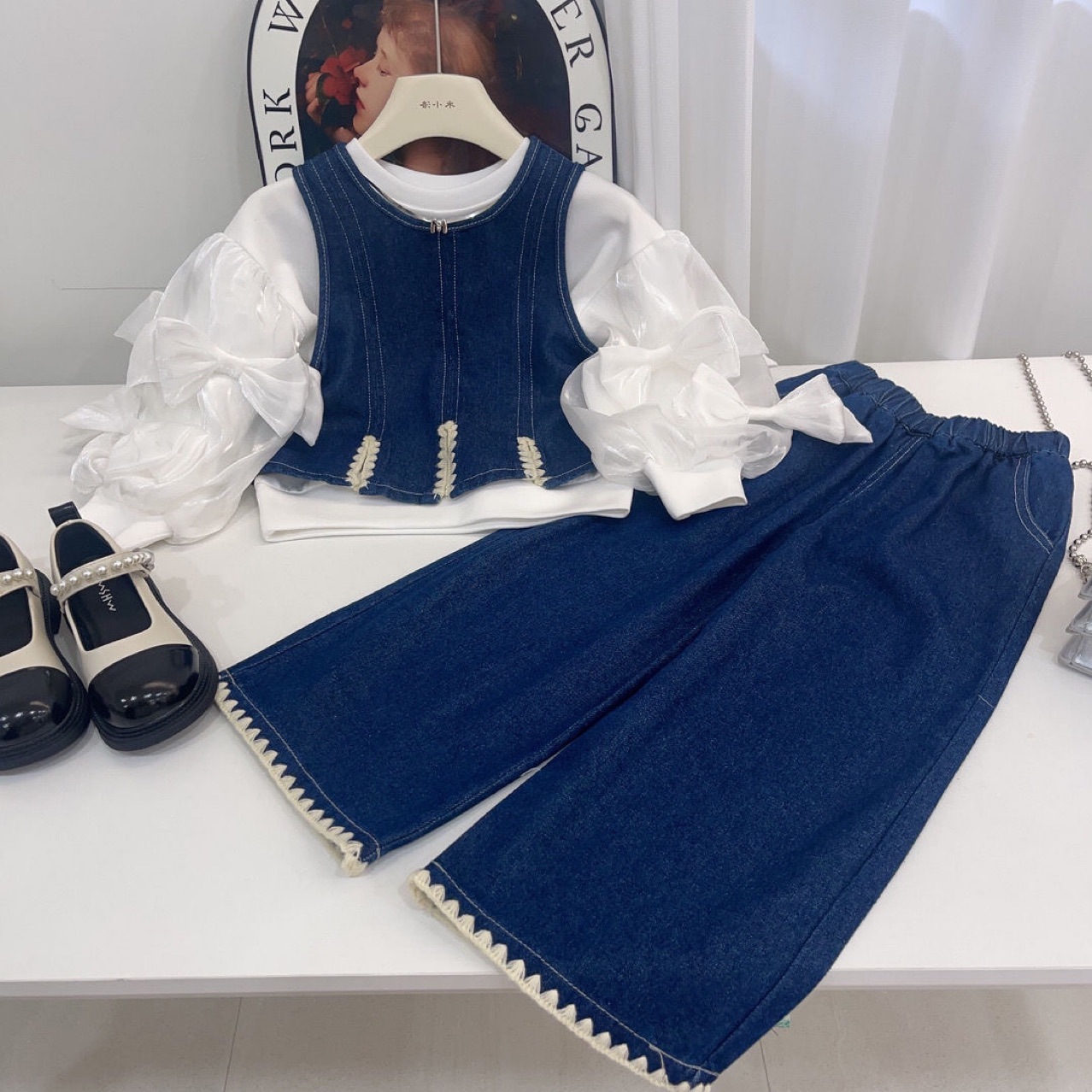 女童牛仔套装秋款2025新款儿童T恤马甲阔腿裤三件套女宝韩系秋装-阿里巴巴