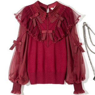 M1193-1 2025秋冬女装新款水溶花边领手工钉珠针织衫蝴蝶结长袖毛-阿里巴巴