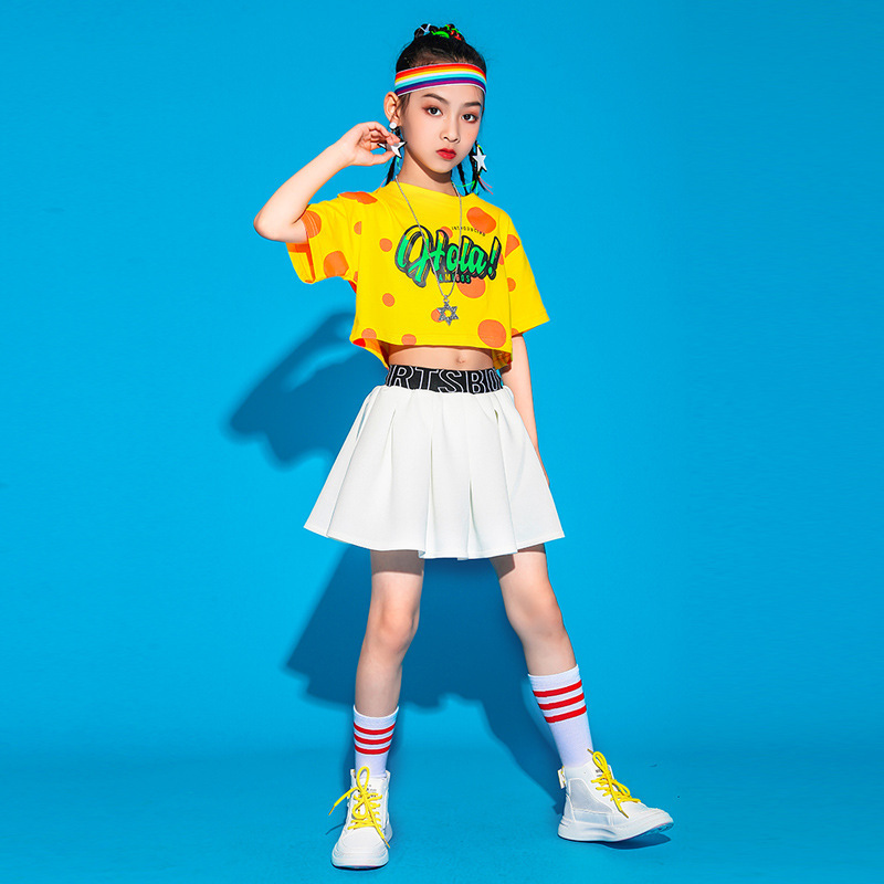 Children girls yellow polka dot hiphop rapper singer dance outfits hip ...