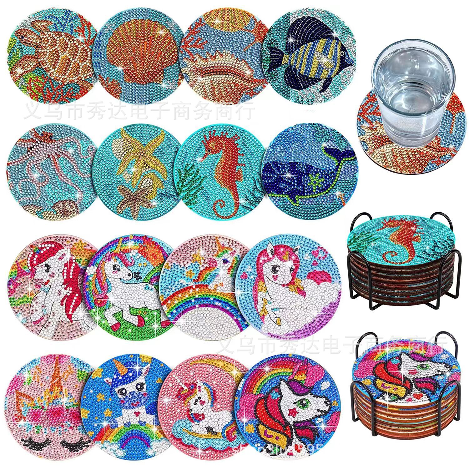 跨境热销5D独角兽DIY亚克力钻石画杯垫 点钻杯垫带软木垫杯架工厂-阿里巴巴
