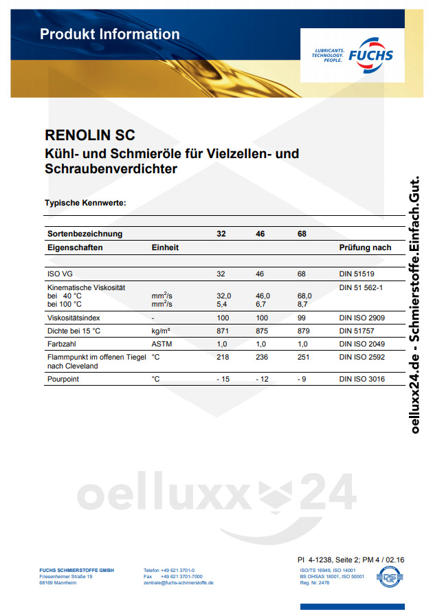 福斯FUCHS RENOLIN SC 32 46 68 4000 螺杆压缩机油冷却油18升-阿里巴巴