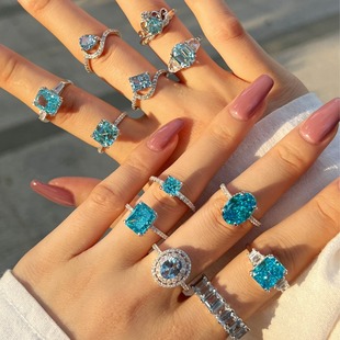 跨境爆款S925纯银女蓝钻戒指8A高碳钻高级ins批发锆石鸽子蛋椭圆-阿里巴巴