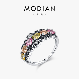 MODIAN摩典s925纯银原创设计做旧复古多巴胺配色叠戴闪钻戒指女-阿里巴巴