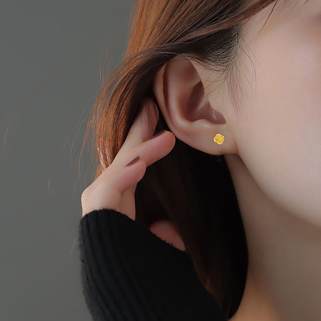 嘻咕E1798 通体S999银女玫瑰花耳钉浪漫法式小众养耳洞睡觉不用摘-阿里巴巴