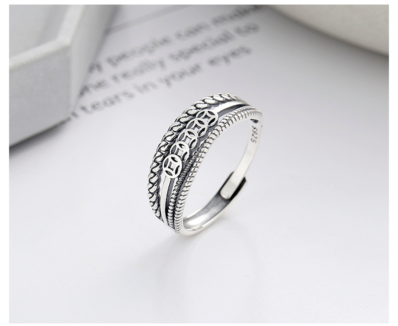 云潮轩S925纯银复古做旧铜钱钱币几何重叠线条不规则造型开口戒指-阿里巴巴