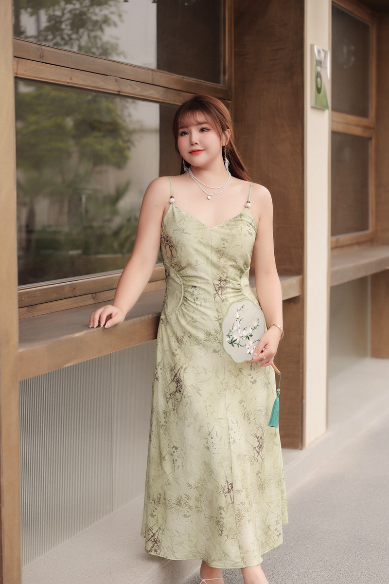 润其N8657翠竹禅意新中式V领串珠吊带裙批发 大码国风吊带连衣裙-阿里巴巴