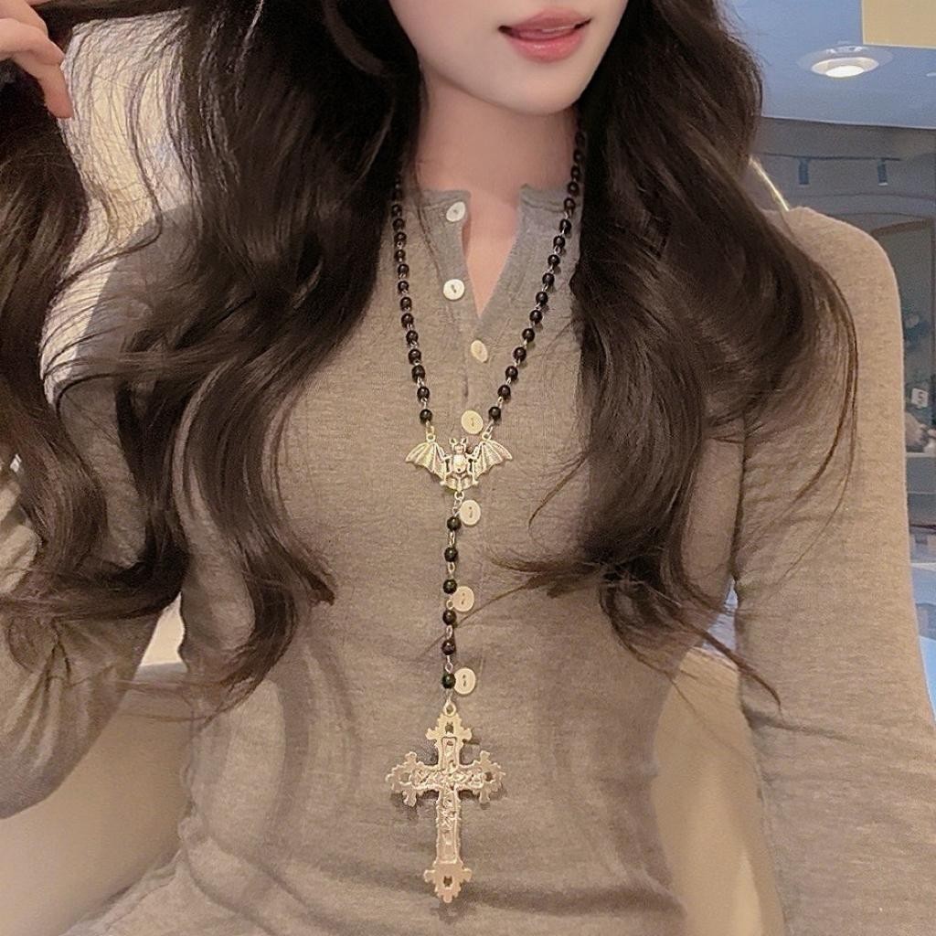 暗黑哥特风多层叠戴流苏珍珠项链欧美跨境串珠十字架重工锁骨链潮-阿里巴巴