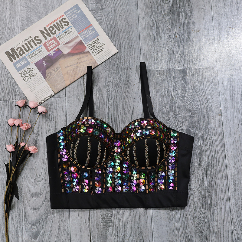 rainbow gemstones bead sequins glitter singer jazz dance bra tops ...