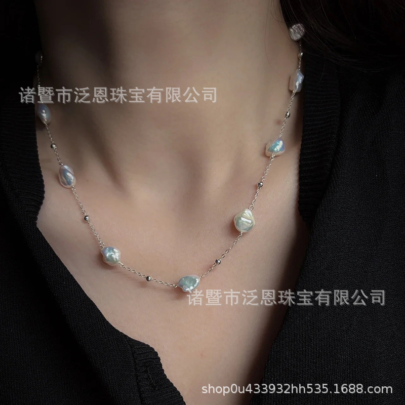 8-10mm淡水keshi碎银子满天星珍珠项链锁骨链S925银气质女-阿里巴巴