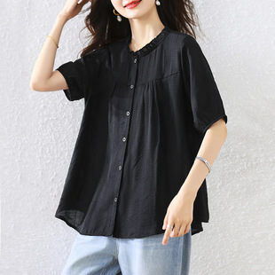 实拍L-5XL气质减龄通勤薄衬衣宽松夏季新款休闲复古胖mm短袖衬衫-阿里巴巴