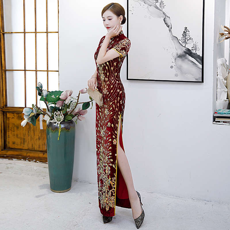 Sequins glitter Runway qipao Chinese Dresses Oriental Qipao long stage ...