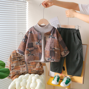男童秋装套装2025新款洋气宝宝复古满印衣服春秋季童装三件套潮-阿里巴巴