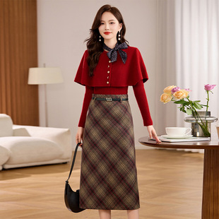 时尚休闲套装2025早春新款披肩+针织衫+格子半身裙三件套裙 XM231-阿里巴巴