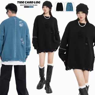 TIDE CARD LOG 秋冬高街镂空破洞龙骨线拼接个性潮流圆领针织毛衣-阿里巴巴