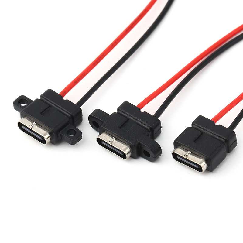 TYPE C2P防水母座全塑焊线式 线长可选带耳螺丝孔 TYPE-C防水母座-阿里巴巴