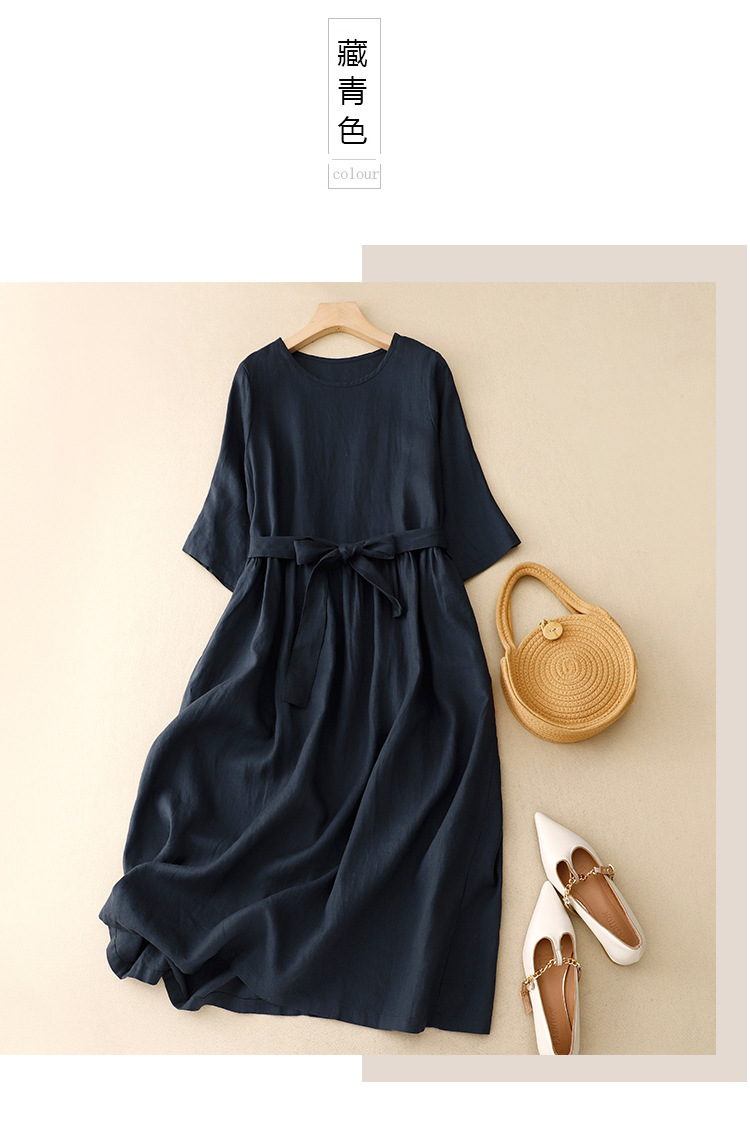 实拍2023夏款素雅简约棉麻连衣裙文艺经典圆领中袖系腰带大摆长裙-阿里巴巴