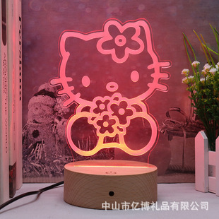 hello kitty猫凯蒂猫3D小夜灯北欧风榉木圆底亚克力led灯书房台灯-阿里巴巴