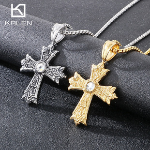 跨境个性配饰 朋克风复古哥特式爱心镶钻十字架不锈钢男士吊坠-阿里巴巴