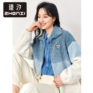 臻汐新款休闲翻领渐变颗粒绒外套女长袖宽松设计感上衣CN175-阿里巴巴