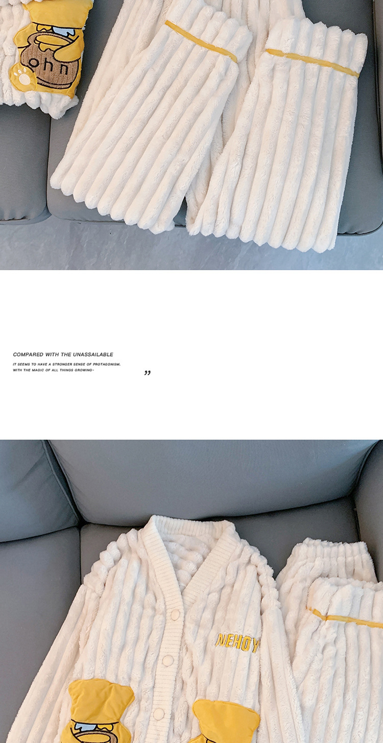 跨境小熊口袋睡衣女冬季V领卡通两件套家居服法兰绒套装实拍代发-阿里巴巴