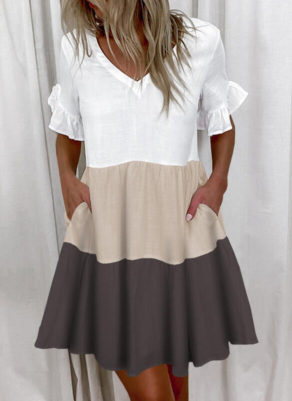 Fashion V Neck Ruffle Elegant White Embroidered Lace Mesh Party Mini Dress