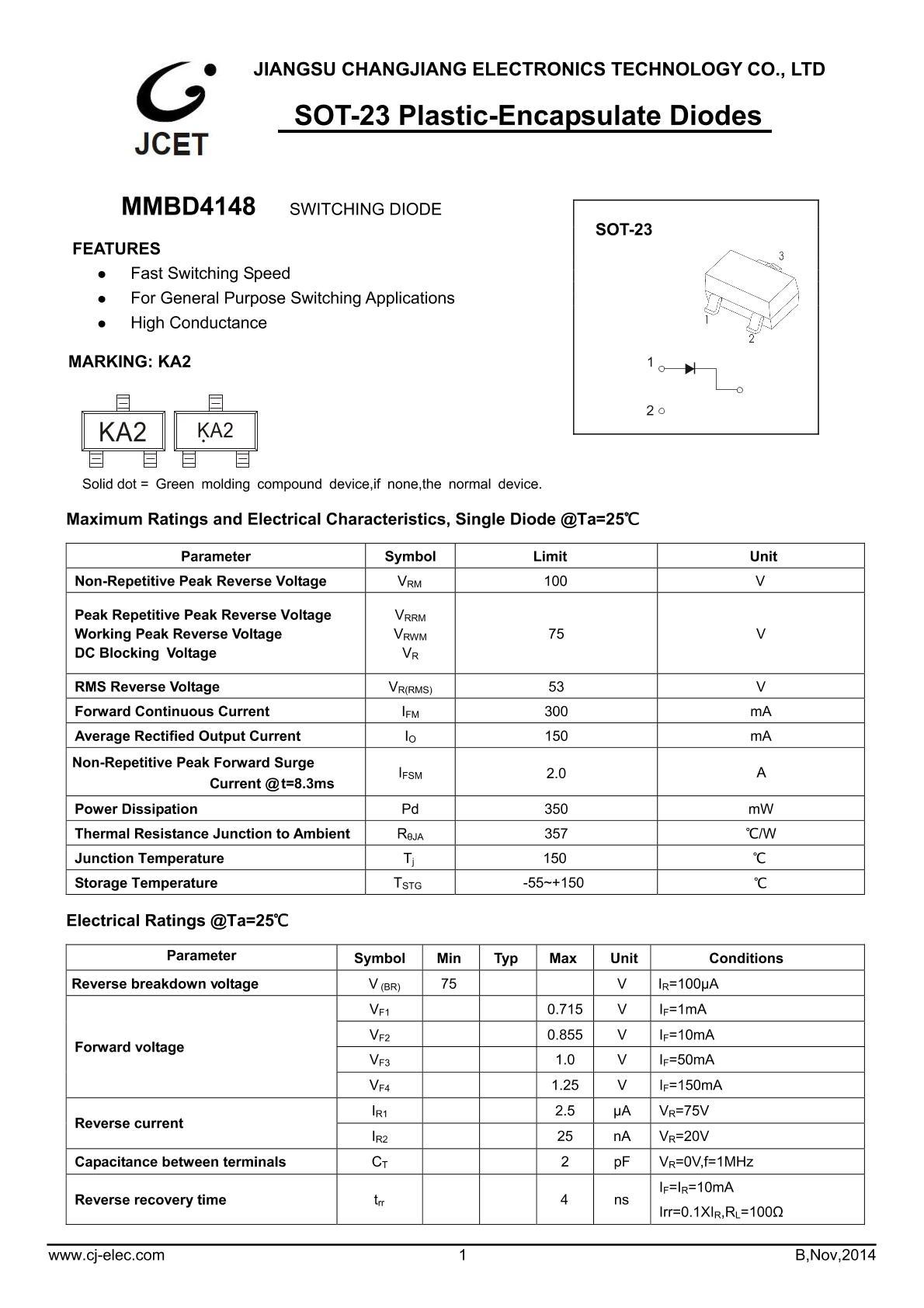 长电 MMBD4148 KA2 SOT-23 100V,150mA,trr=4ns,VF=1.25V@150mA-阿里巴巴