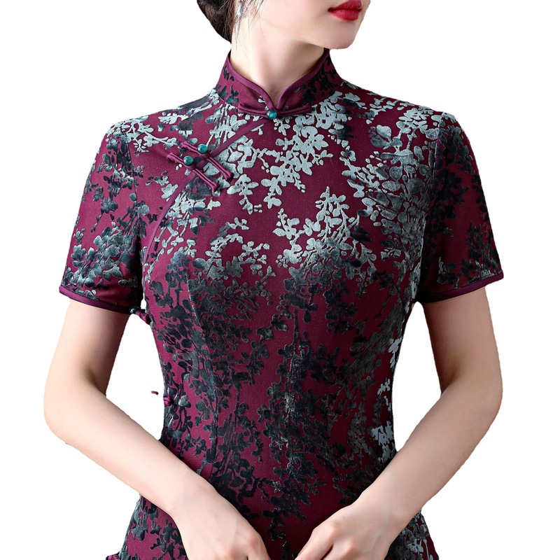 Purple velvet flowers chinese dresses retro oriental cheongsam dress ...