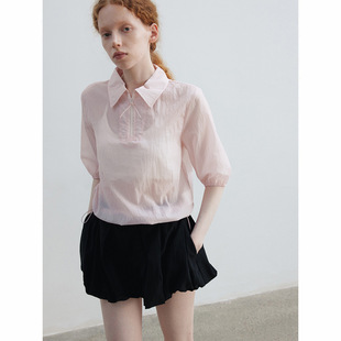 【玳禾】夏季新款休闲抽绳Polo领百搭泡泡袖松紧运动上衣H8392-阿里巴巴