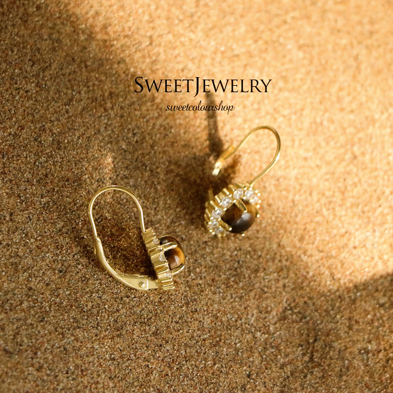 小众设计复古天然虎眼石耳扣耳坠耳环女 通体S925银镀14K金-阿里巴巴