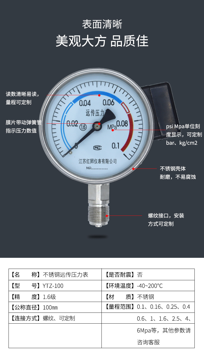 不锈钢远传压力表YTZ-100防腐型电阻式恒压供水变频器远程压力表-阿里巴巴