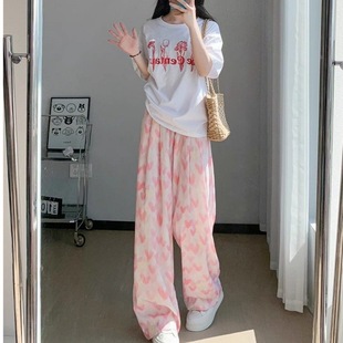 新款粉色爱心阔腿裤女高腰垂感秋夏季薄款山本裤小个子休闲长裤女-阿里巴巴