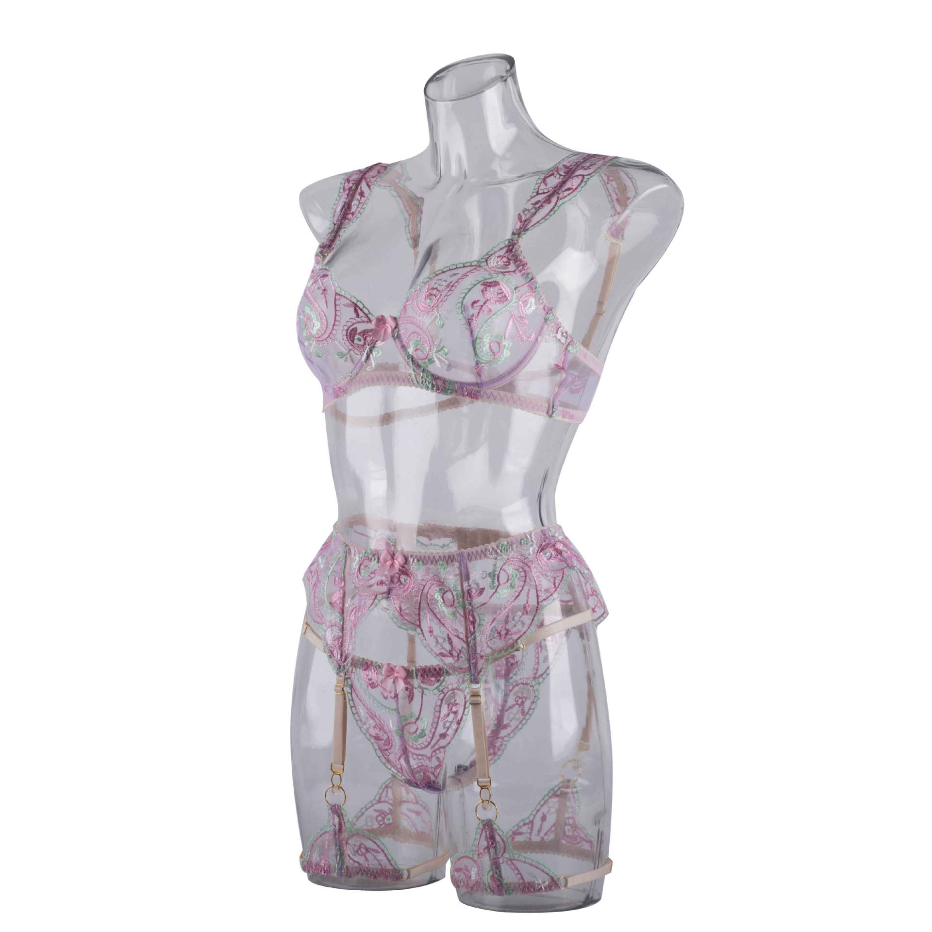 露莎春夏季欧美外贸性感内衣吊袜刺绣聚拢网纱塑身分体套装LS1407-阿里巴巴