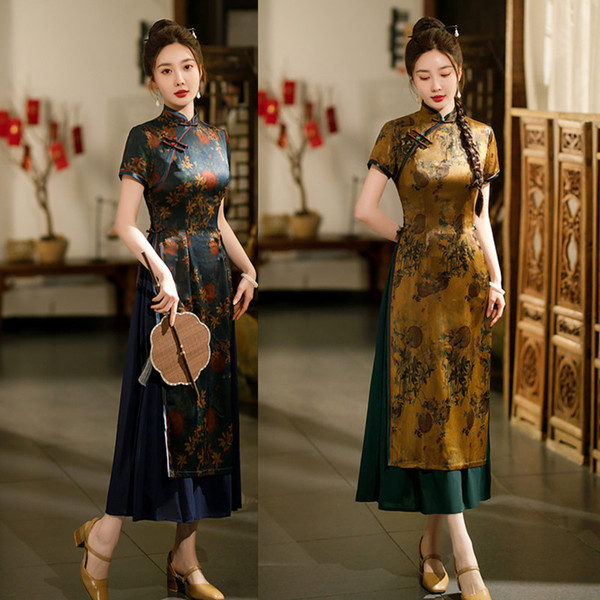 YiQi embroidery imitation acetate long Mr Black Chinese dress skirt in ...