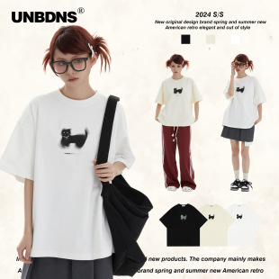 UNBDNS 美式小众趣味猫咪印花短袖T恤情侣男女款潮流简约百搭宽松-阿里巴巴