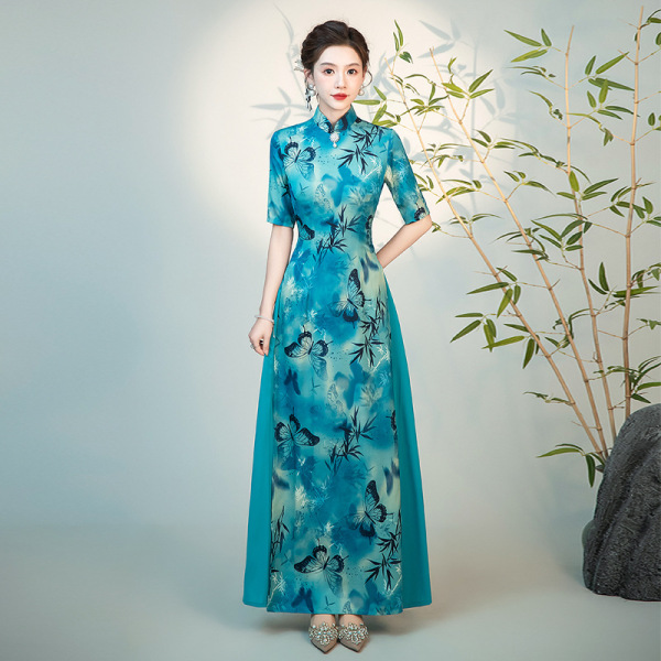 Women girls Blue butterfly chinese dresses oriental qipao cheongsam ...