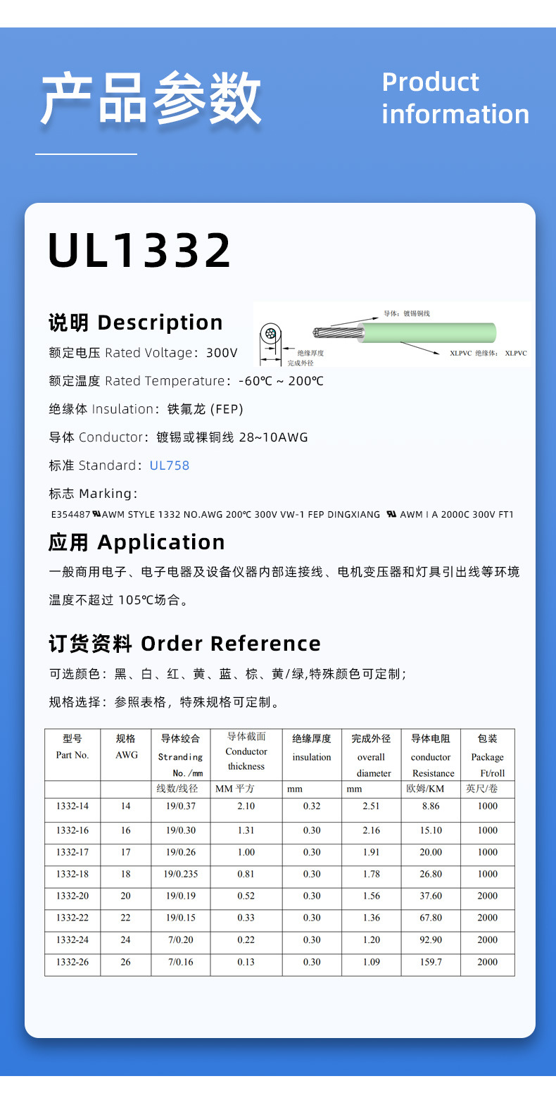 厂家供应美规UL1332铁氟龙线耐高温线14-26awg高温电线铜芯电子线-阿里巴巴