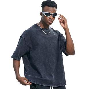 欧美跨境水洗做旧炒色潮牌短袖T恤男女同款ins落肩230g纯色打底衫-阿里巴巴