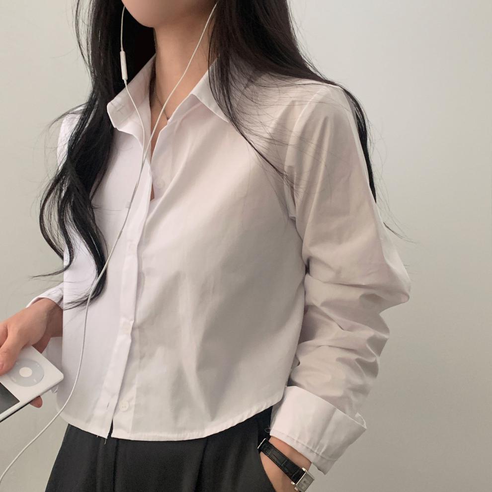 韩国chic2024春季装新款基础款短款衬衫长袖打底衬衣-阿里巴巴