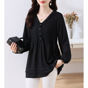 实拍L-5XL码2024春秋长袖蕾丝V领雪纺衫宽松遮肚显瘦胖mm时尚-阿里巴巴