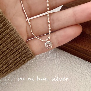 欧尼 925纯银LUCKY幸运豆豆字母项链女ins风小众设计choker锁骨链-阿里巴巴