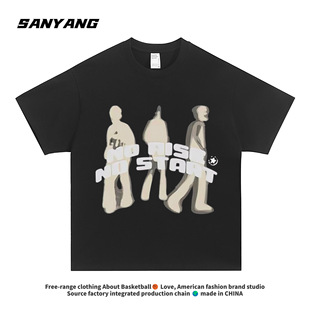 美式复古抽象人像NO RISE NO START潮牌宽松短袖t恤男印花小众潮-阿里巴巴